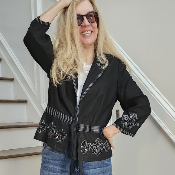 JM Collection | Jackets & Coats | Jm Collection Black Linen Cropped ...